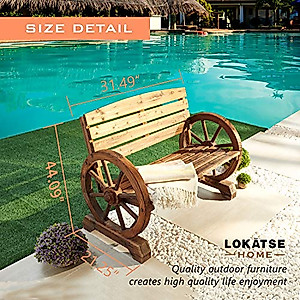 LOKATSE HOME Wooden Wagon Wheel Bench 2-Person Outdoor Rustic Chair Country Yard with Backrest, Burnt-Finished