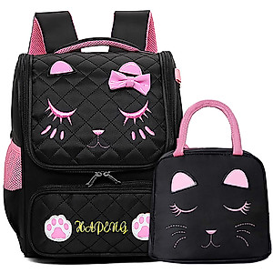Junlion Girls Bow-knot Backpack Set Elementary School Bag with Lunch Bag Cute Daypack Gift for Princess Girls Preschool Black