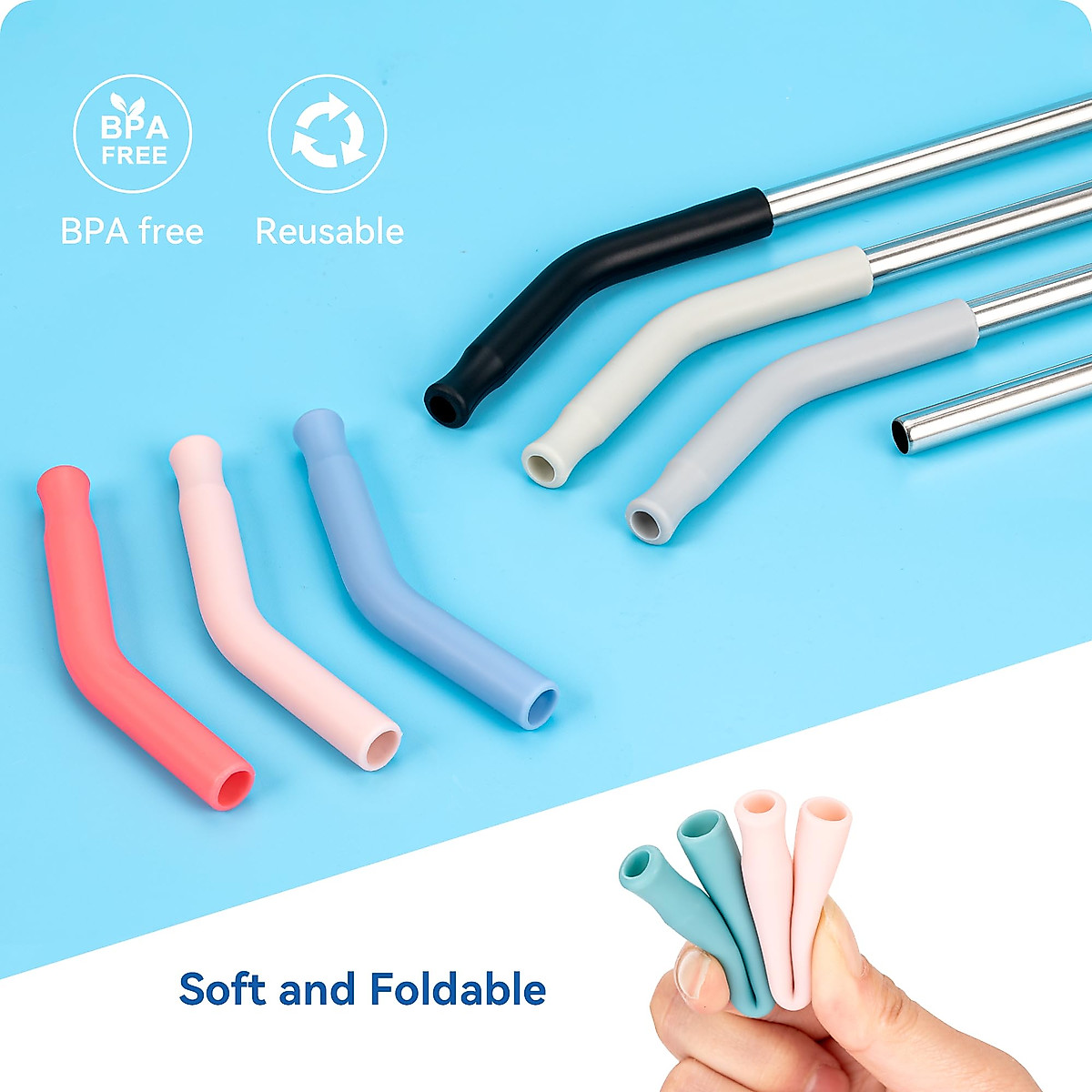 Prurex Metal Straws with Silicone Tip for 40 oz Tumbler, Reusable Stainless Steel Straws for Stanley 40 oz Tumbler，3 Straight 13.3" and 3 Pink Dusk Silicone StrawTips，Smoothie Straws