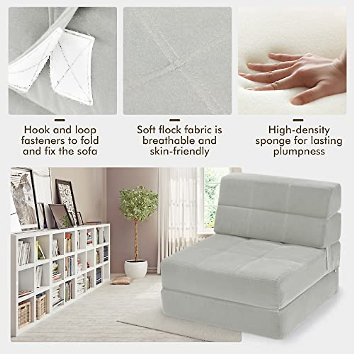 COSTWAY Triple Fold Down Sofa Bed, 3-in-1 Fold Floor Couch Lounge Sleeper with Thick Cushion, Flock Fabric, Convertible Design, Portable Single Guest Bed Mattress for Living Room Bedroom (Grey)