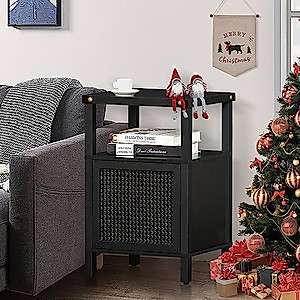 Lerliuo Rattan Nightstand, Side End Table with Handmade Natural Rattan Door and Open Shelf, Wood Accent Night Stand with Storage, Mid Century Modern Bedside Table for Bedroom, Living Room (Black)