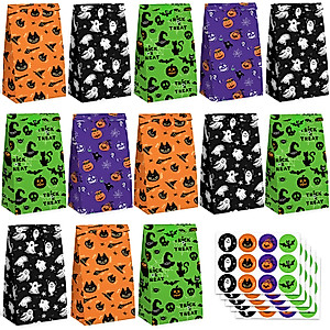 STARRKY 54PCS Halloween Treat Bags, Candy Treat Bags with Stickers Paper Gift Bags Goodie Bags for Kids Party Favors