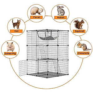 IKARE Cat Cage DIY Indoor Pet Home Small Animal House Detachable Playpen with 3 Doors 3 Tiers for Kitten Puppy Bunny Exercise. (Black，27.6 x 27.6 x 41.3Inch)