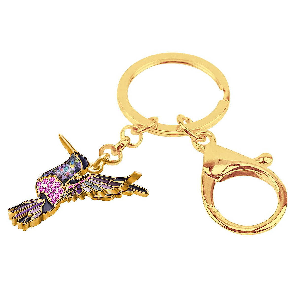DALANE Enamel Alloy Crystal Hummingbird Keychains Birds Bag Key Ring Jewelry for Women Girls Charms Gifts (Gold Plated Purple)