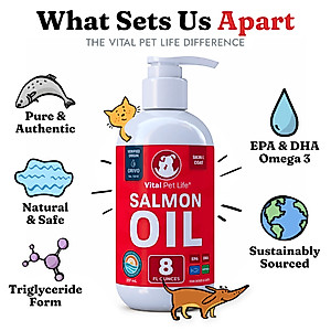 Salmon Oil for Dogs & Cats - Healthy Skin & Coat, Fish Oil, Omega 3 EPA DHA, Liquid Food Supplement for Pets, All Natural, Supports Joint & Bone Health, Natural Allergy & Inflammation Defense, 8 oz
