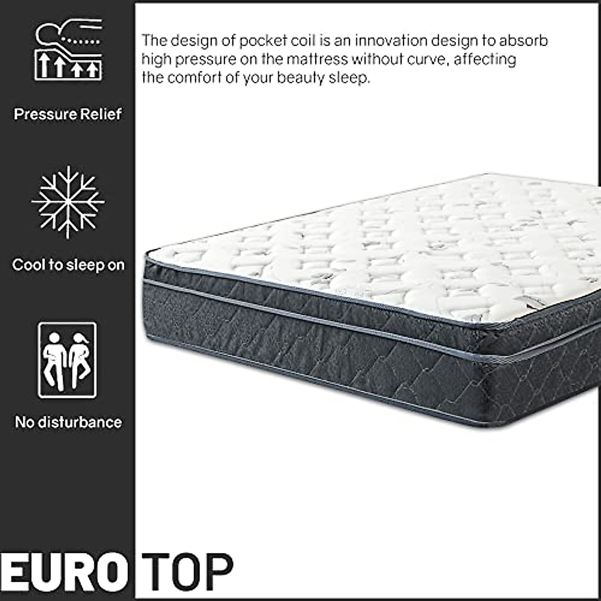 Mayton Queen Zero Pressure Quilted EuroTop 12" Hybrid Mattress with Pocket Spring for Medium Firm Comfort and Strong Edge Support, Black