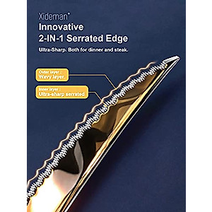 Xideman 16-Piece ​Modern Black Hammered Silverware Set with Ultra Sharp 2-IN-1 Serrated Knive, 18/10 Stainless Steel Flatware Set, Titanium ​Plated Cutlery Set Service for 4, Reusable, Dishwasher Safe