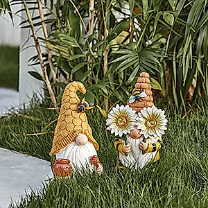 LA JOLIE MUSE Garden Gnomes Statue -11.3'' Resin Summer Bee Gnome Figurine Holding Honey Jar with Solar LED Lights, Outdoor Decoration for Patio Yard Lawn Porch, Ornament