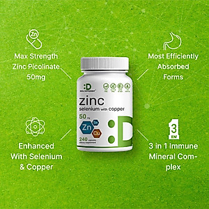 Zinc 50mg with Selenium 200mcg + Copper, 240 Capsules, 8 Month Supply, 3 in 1 Mineral Formula, Zinc Picolinate Complex Supplement, Supports Healthy Immune System for Adults and Kid
