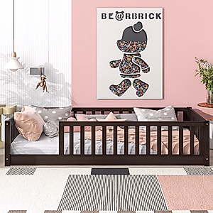 HomSof Twin Floor Platform Bed with Fence Without Door, Espresso