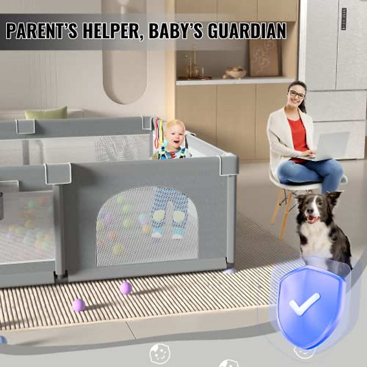 LUTIKIANG Baby Playpen, 79" X 71" Extra Large Playpen for Babies and Toddlers with Gates, Baby Play Yards, Baby Fence Play Area, Safety Indoor Baby Play Area with Ocean Balls (Grey)