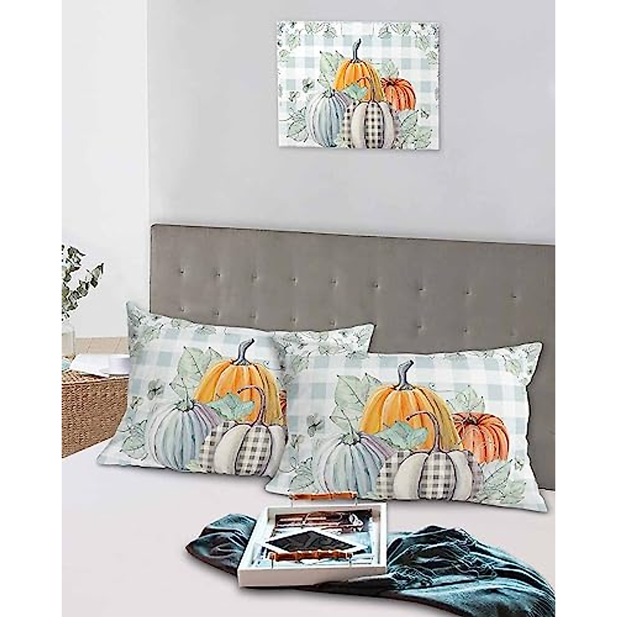 Thanksgiving Pillow Covers Standard Size Set of 2 Bed Pillow, Farmhouse Teal Plaid Fall Pumpkin Maple Leaves Plush Soft Comfort for Hair/ Skin Cooling Pillowcases with Envelop Closure 20''x26''