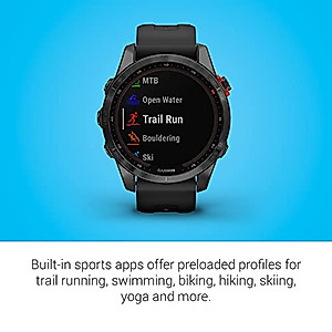 Garmin fenix 7S Solar, Smaller sized adventure smartwatch, with Solar Charging Capabilities, Rugged outdoor watch with GPS, touchscreen, health and wellness features, slate gray with black band