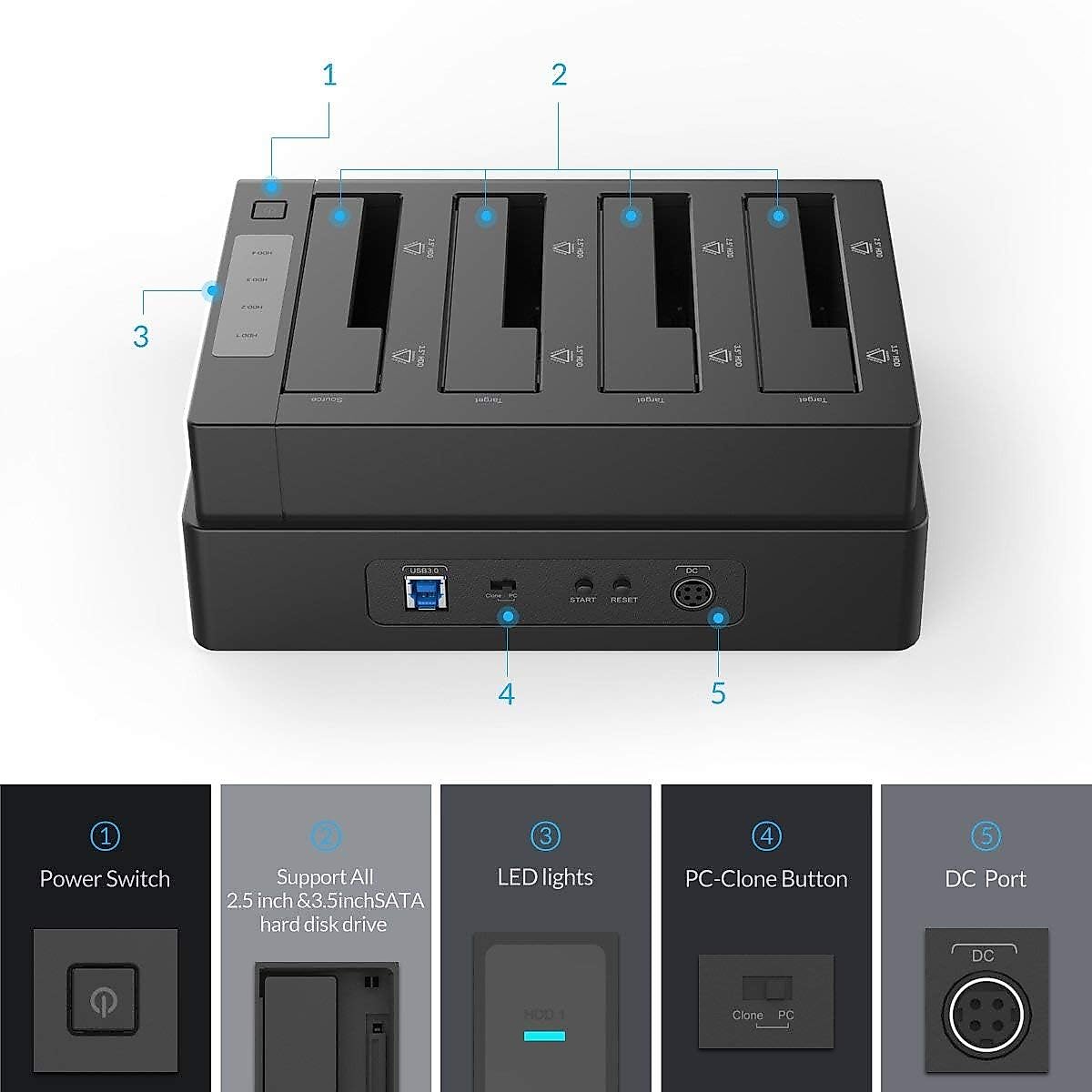 ORICO 4 Bay External Hard Drive Docking Station USB 3.2 Gen 1 to SATA I/II/III for 2.5''/3.5'' HDD SSD with Hard Drive Duplicator/Cloner Function Support UASP [4 x 20TB]-6648US3
