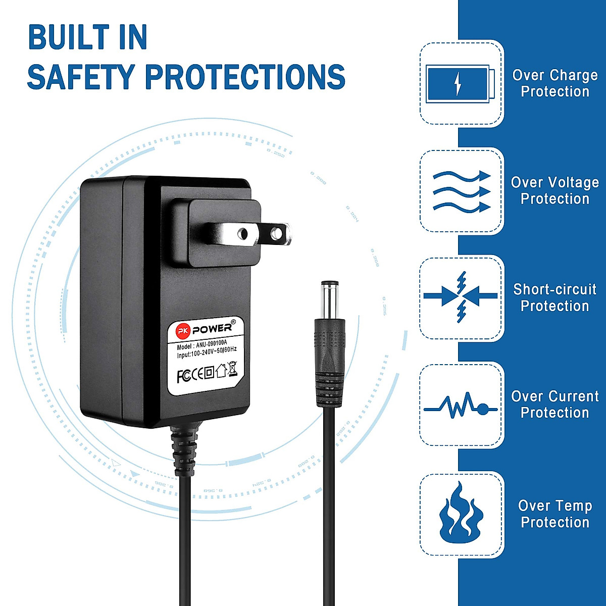 PK Power PW-CT-9V DC Power Adapter –Minimize Need to Change Batteries on Pedalboard and Other Devices Requiring 9V – 1000mA Max Current – Center Negative with 6.6FT Cord Power Supply