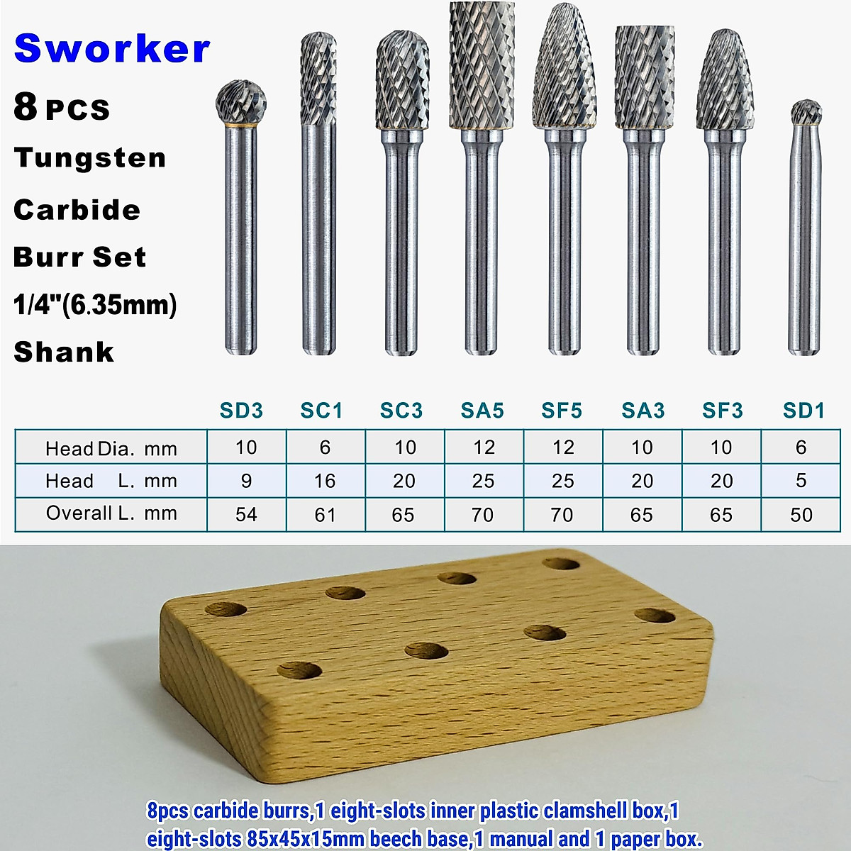 Sworker 8 Pcs 1/4 Carbide Burr Set 1/4 Shank Die Grinder Bits Drill Bits Grinding Bits for Metal Rotary Tool Attachment Accessories Rasp Weld Wood Stone Deburring Compatible with Milwaukee Dewalt