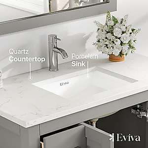 Eviva Bathroom Vanity Cabinet 36in White - Solid Wood w/9 Drawers, Porcelain Sink & Marble Countertop - Gray