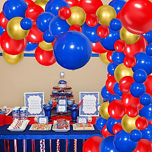 Red Blue Gold Balloon Garland Arch Kit - Royal Blue and Red Balloons Metallic Gold Balloons for Super Boys Hero Birthday Wedding Anniversary Engagement Graduation Party Decorations