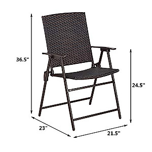 Patio Rattan Steel Folding Bistro Set, All Weather Resistant Wicker, 3 PCS Set of Foldable Garden Table with Top Glass and Chairs with Arms