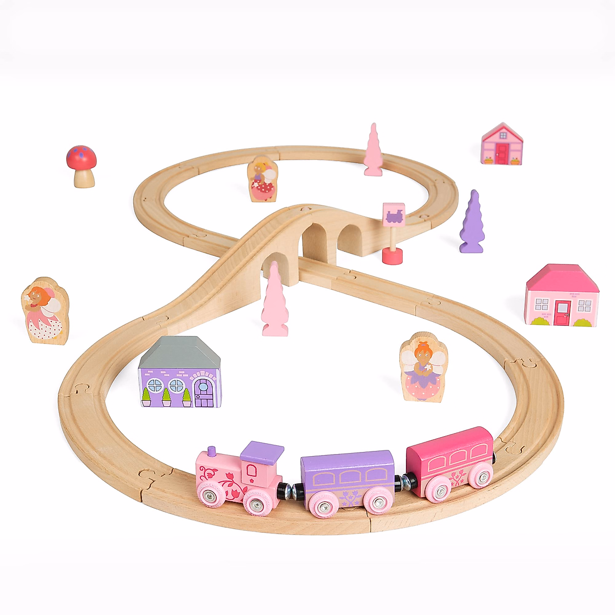 Bigjigs Rail Fairy Figure Of Eight Train Set - 35pc Pink Wooden Railway, Toy Trains & Accessories, Princess Toys For Kids, Compatible With Most Other Rail Brands, 3 Years Old +