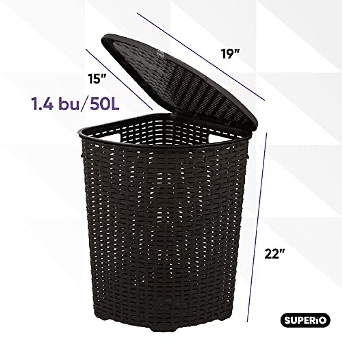 (2 pack) Corner Laundry Hamper Baskets with Lid 50 Liter - Brown Wicker Hamper, Durable, Lightweight Bin with Cutout Handles - Storage Dirty Cloths Curved Shape Design Fits Bathroom