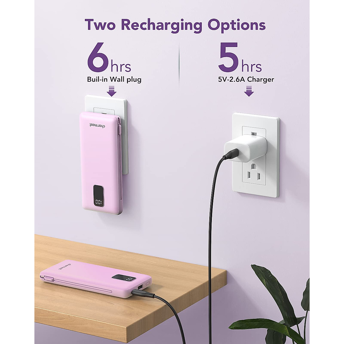 Charmast Portable Charger with Built-in Cables and AC Wall Plug, 10000mAh Ultra Slim Power Bank, External Battery Pack, Travel Accessories Compatible with iPhone 14/13, Samsung Galaxy, etc