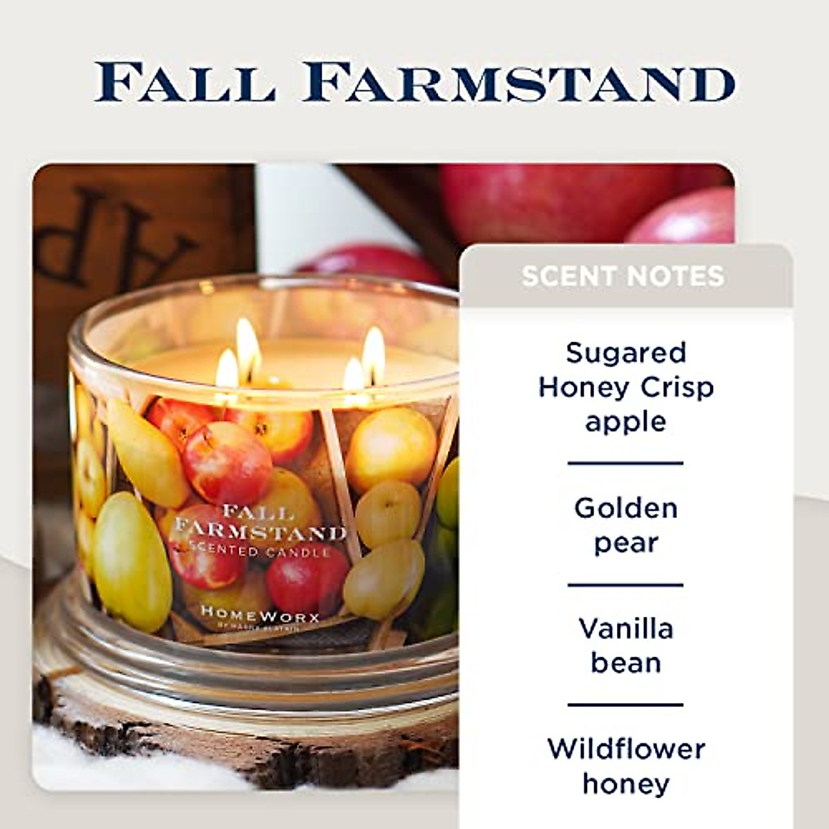 Premium Scented 4-Wick Candle, Fall Farmstand, HomeWorx by Slatkin & Co - 18 oz - Long-Lasting Jar Candle, 30-55 Hours Burn Time - Sugared Honeycrisp Apple, Golden Pear, Vanilla & Wildflower Honey