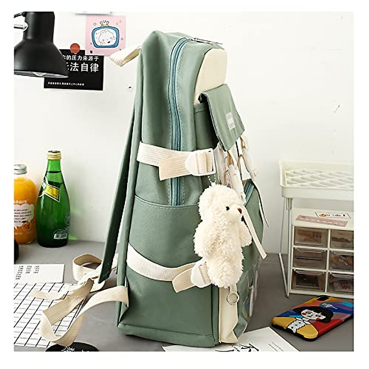 4 PCS Kawaii Backpack with Kawaii Pin and Accessories, with Kawaii Bear Pendant School Bag Sets (Sage Green)