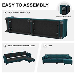 Belffin Convertible Sectional Couch Velvet L Shaped Sofa 4 Seat Sofa with Chaise L-Shaped Couches Reversible Sectional Sofa Peacock Blue