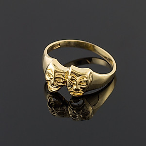 Polished 10k Yellow Gold Theater Acting Masks of Comedy and Tragedy Drama Ring (Size 6.75)