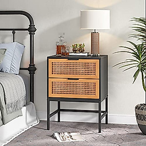 Tribesigns Nightstands with Rattan Drawers, Modern Wood Night Stands, Bedside Table with Storage, Black 2 Drawers End Table, Vintage Sofa Side Table, Retro Bed Side Table Bedroom Living Room(PCS 2)