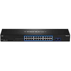 TRENDnet 24-Port Gigabit Switch with 2 X 10G SFP+ Slots, Fanless Design, 19” 1U Rack mountable, TEG-30262,Black