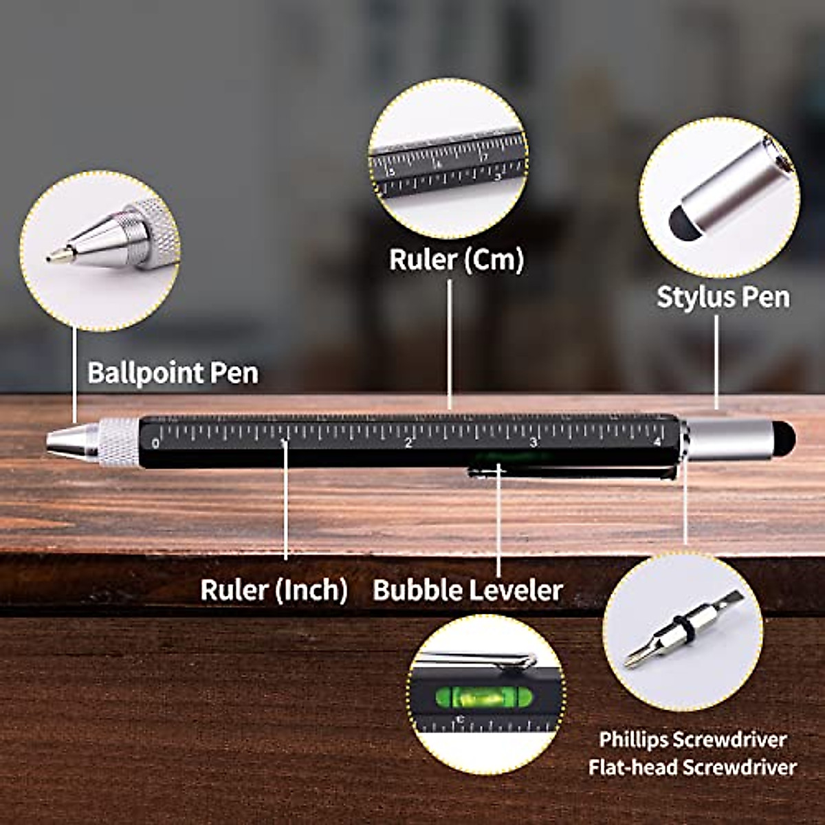 7 in 1 Multitool Pen, Multitool Tech Tool Pen for Men, Aluminum Construction Tools Gadget Stocking Stuffers Gifts for Dad Husband Father - Black