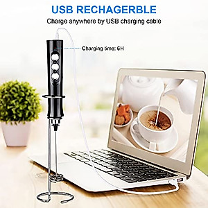 Milk Frother Handheld, Rechargable Coffee Foam Maker with Stand & 2 Whisks, Wanderland 3 Speeds Electric Coffee Mixer for Coffee, Lattes, Cappuccino, Matcha, Hot Chocolate (Black）