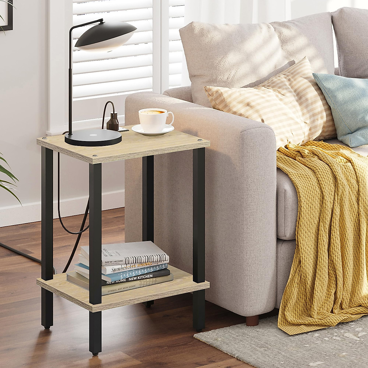 TUTOTAK End Table with Charging Station, Set of 2, Side Table with USB Ports and Outlets, Nightstand, 2-Tier Storage Shelf, Sofa Table for Small Space, Living Room, Bed Room TB01BO041