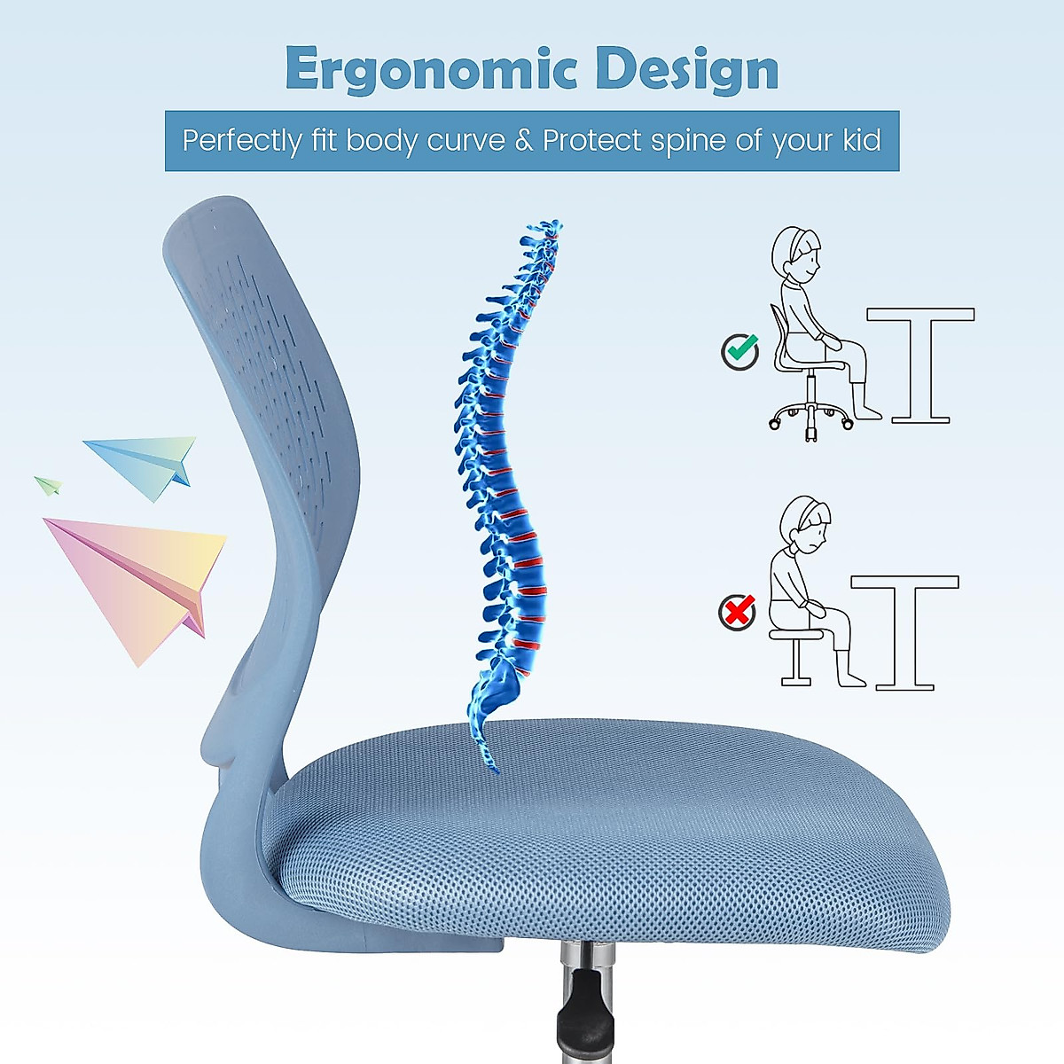 DORTALA Desk Chair for Teen, Kids Armless Swivel Small Cute Low-Back Mesh Office Chair Comfy with Adjustable Height, Lumbar Support, Ergonomic Computer Study Chair in Home Bedroom School, Blue
