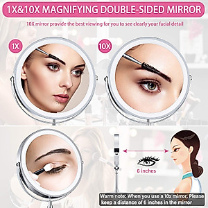 AMZNEVO Rechargeable 8'' Lighted Makeup Mirror, 10X Magnifying Vanity Mirror with 3 Color LED Lights, Double-Sided Cosmetic Mirror Battery Powered, Touch Button Adjust Brightness