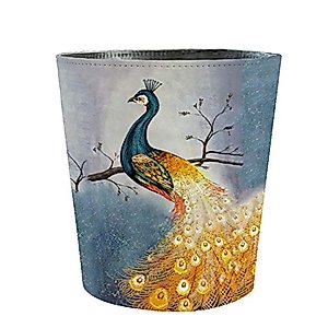 HMANE 10L/2.64 Gallon PU Leather Trash Can Peacock Decorative Waterproof Wastebasket Paper Basket Garbage Bin for Home Office Bathroom, Peacock Pattern