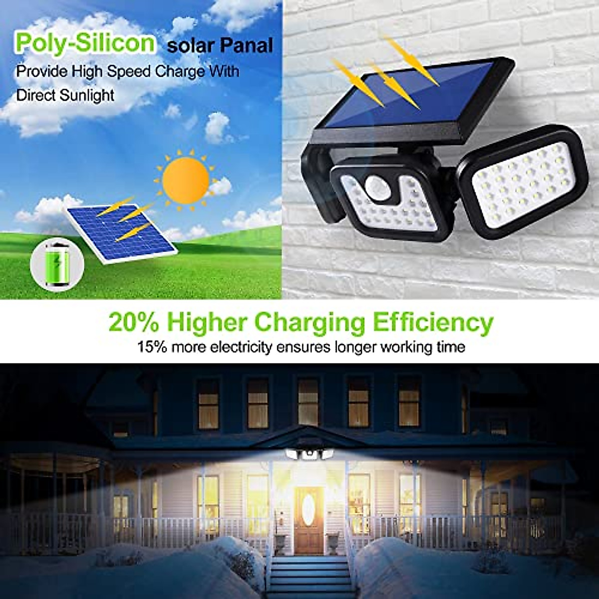 kuujojo Solar Lights Outdoor Garden, 2 Pack 74 LED / 3 Modes 270° Wide Angle Motion Sensor Outdoor Lights, IP65 Waterproof Solar Outdoor Lights, Security Flood Light for Patio Yard and Garage