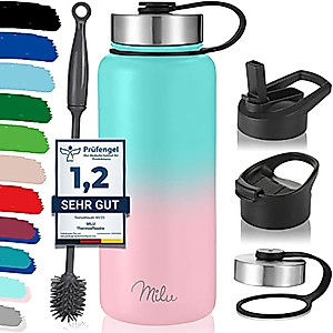 Milu Stainless Steel Drinking Bottle 500ml, 750ml, 1000ml (+3 Lids) - Thermos Bottle with Straw, Water Bottle, For Hot, Cold & Carbonated Drinks (Mint Pink, 1l)