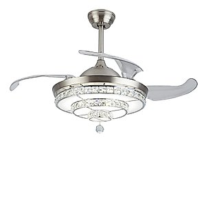TFCFL 42" Crystal Ceiling Fan with Lights, Modern Retractable 4-Blade Invisible Chandelier with Remote 3-Color Changes LED for Dining Room, Bedroom, Living Room Home Decor (Silver)