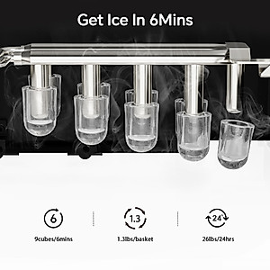 LHRIVER Ice Makers Countertop,26Lbs/24H,9 Pcs/6 Mins,Portable Countertop Ice Maker Machine with Self-Cleaning,Small Ice Maker with Ice Basket Handle for Home/Kitchen(Black)