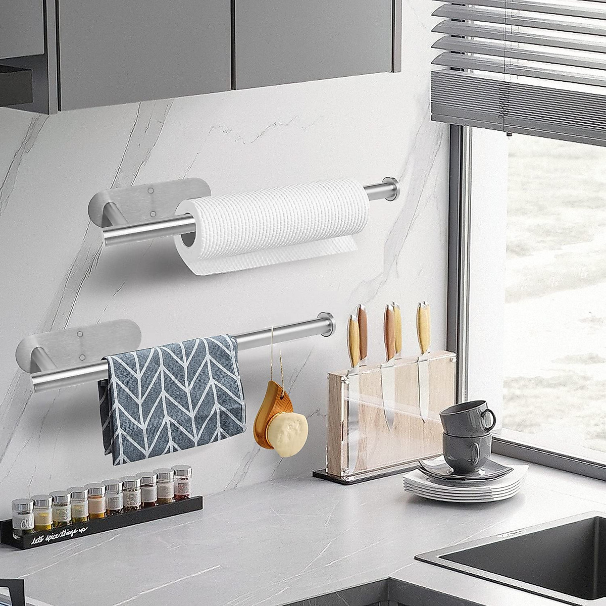 Paper Towel Holder Under Cabinet, DIGHEIGG Self Adhesive or Wall Mount Paper Towel Holder Under Counter Hanging Stand for Kitchen, Bathroom, Home Kitchen Organization(13Inch, Silver)