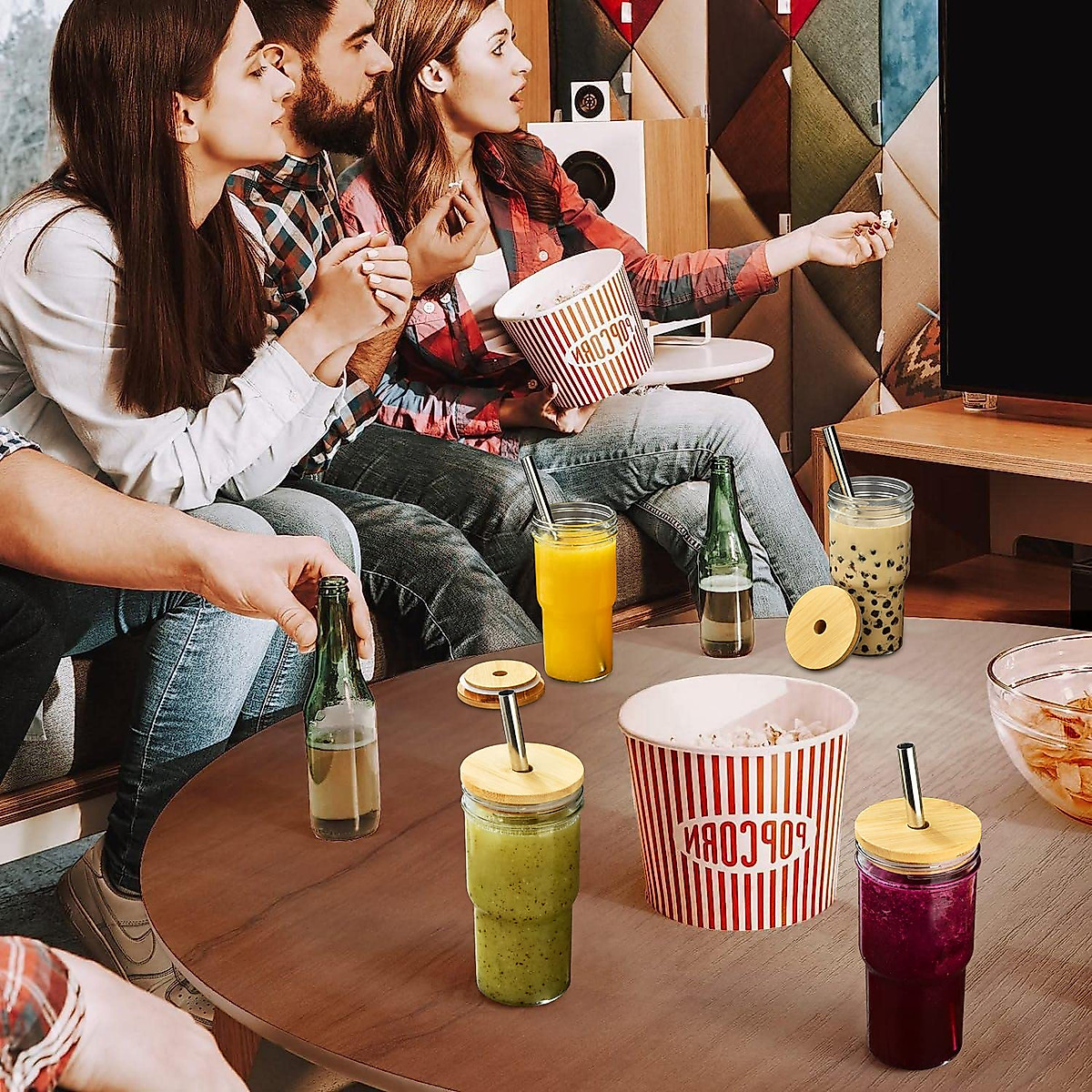 Haundry 4 Pack Glass Cups with Lids and Straws, 22 oz Boba Cups with Bamboo Lids, Reusable Drinking Glasses Set for Smoothies, Juice, Bubble Tea