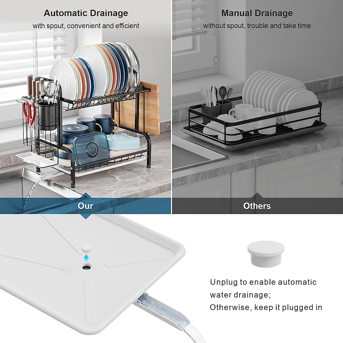 iSPECLE Dish Drying Rack, 304 Stainless Steel 2-Tier Dish Rack with Utensil Holder, Cutting Board Holder and Dish Drainer for Kitchen Counter