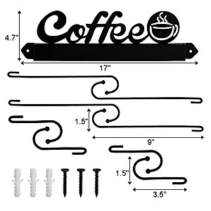 Suwimut Coffee Mug Wall Rack, Coffee Cup Holder Wall Mounted with 8 Adjustable Hooks and Metal Coffee Sign, Decorative Tea Cup Hanger Display for Coffee Bar, Kitchen, Counter, Office