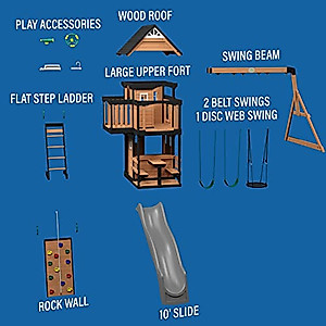 Backyard Discovery Canyon Creek All Cedar Wood Swing Set w/Grey Wave Slide, Playhouse w/Grill, Plastic Food, Picnic Area, Steering Wheel, Two Belt Swings, Rock Climbing Wall, Balcony, Deck, Web Swing