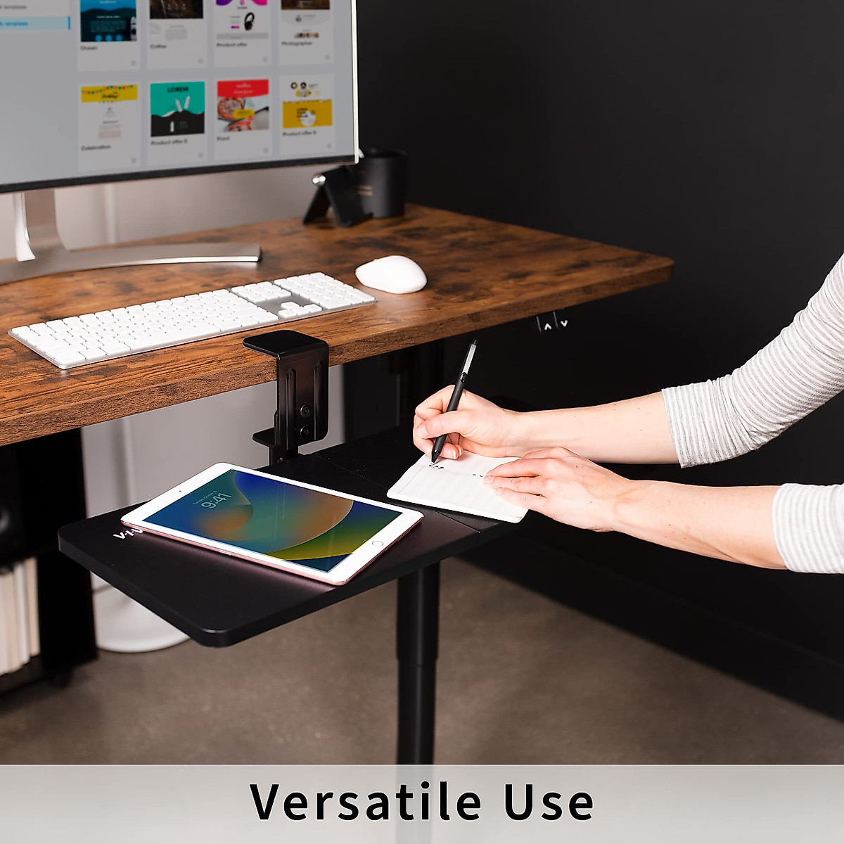 VIVO Clamp-on Rotating Computer Keyboard and Mouse Tray, Swiveling 25 x 10 inch Platform with Extra Sturdy Single Desk Clamp, Ergonomic Typing, Black, MOUNT-KB01CB