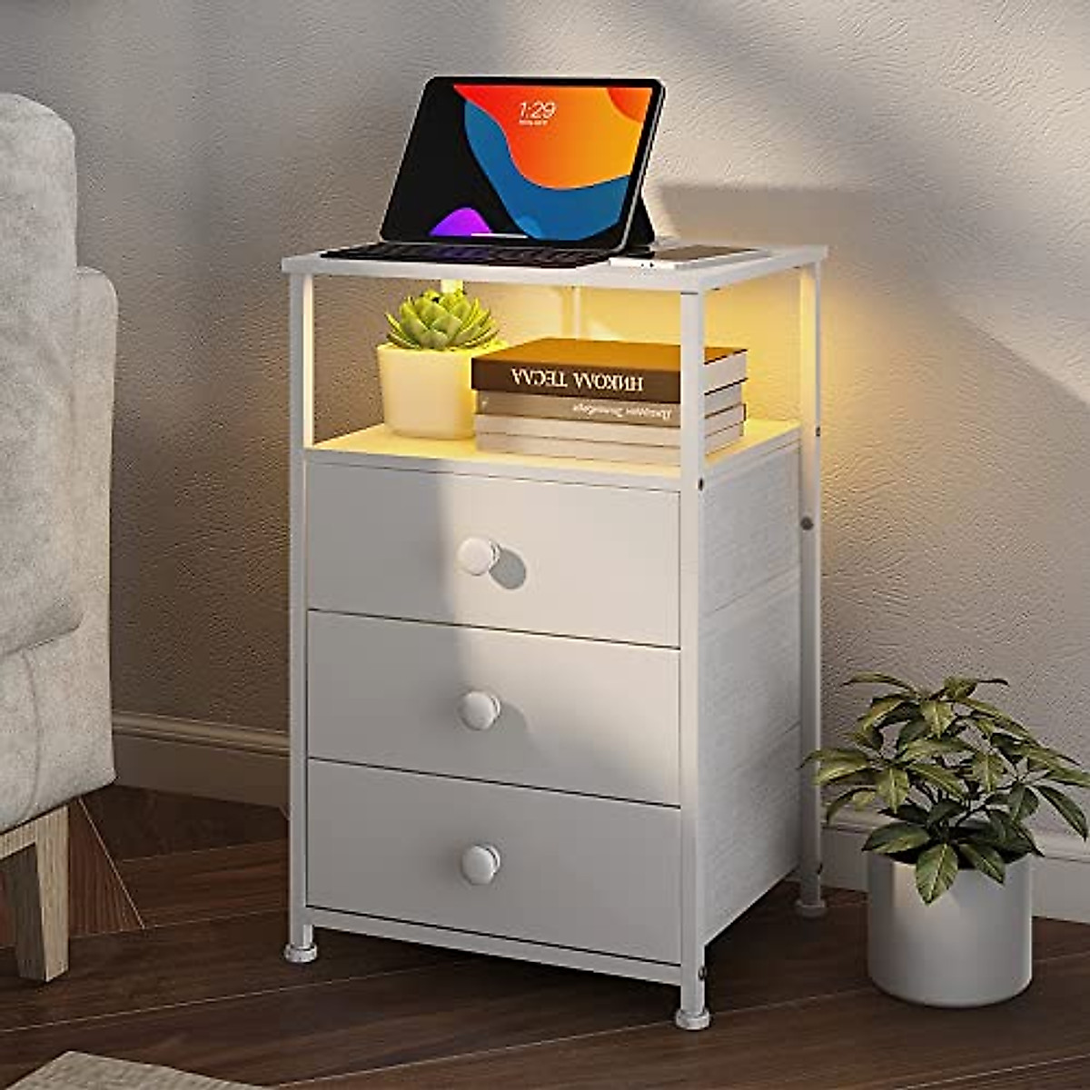 Tohomeor End Table with Charging Station LED Light Nightstand Bedroom Bed Side Dresser with 3 Fabric Drawers Open Storage Shelf Living Room Sofa End Table with USB Ports and Outlet (White, 1 Pack)