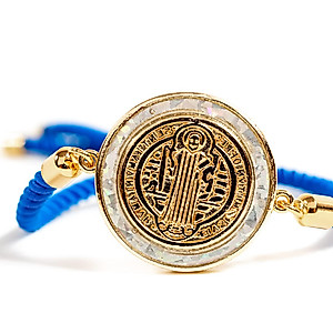 Alea Collection Catholic Blessed Saint Benedict Medal 18K Gold Plated Bracelet Blue String Religious Jewelry